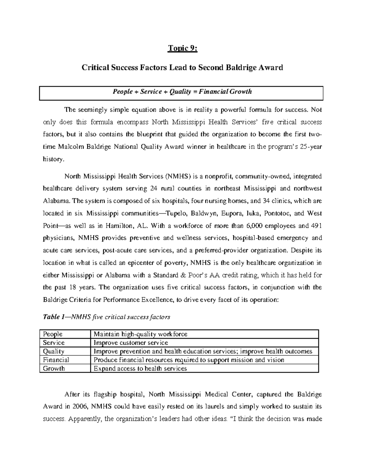 Case Study 9: NMHS's Path to Winning the Baldrige Award Twice - Studocu