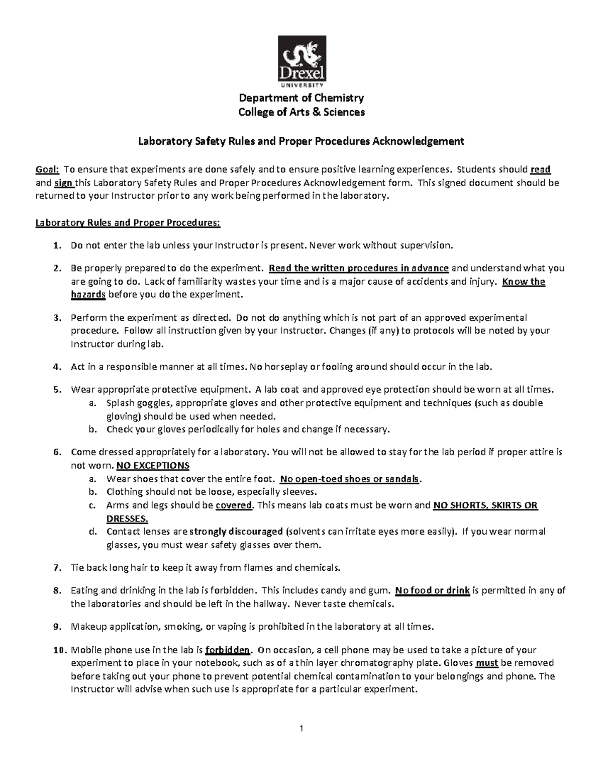 Chem 101 Laboratory Safety Rules & Acknowledgement Form - Studocu