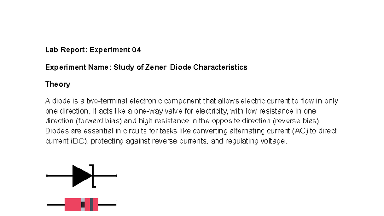 Lab Report: Experiment 04 - Study of Zener Diode Characteristics - Studocu