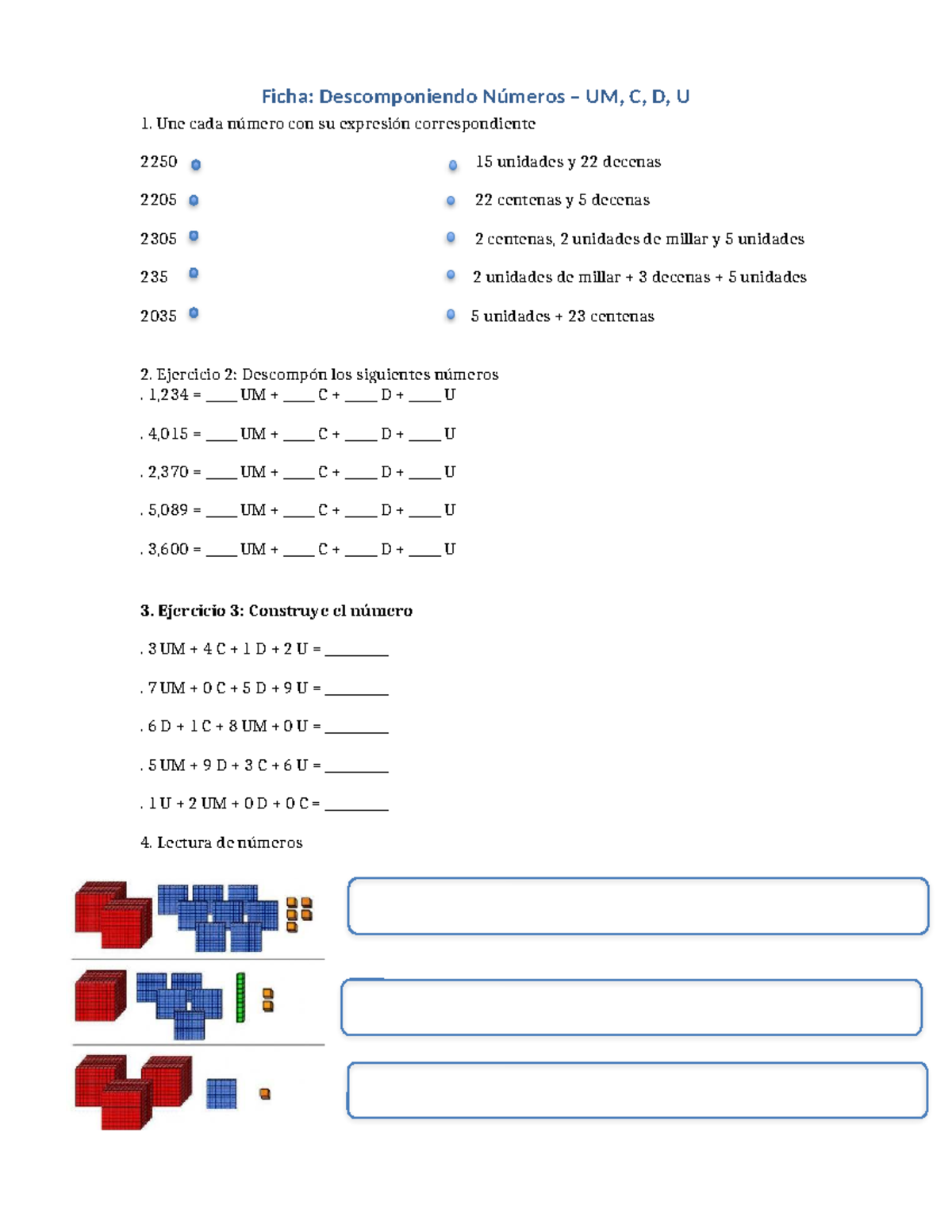 Ficha: Descomposición de Números UM, C, D, U - Ejercicios y Lectura - Studocu