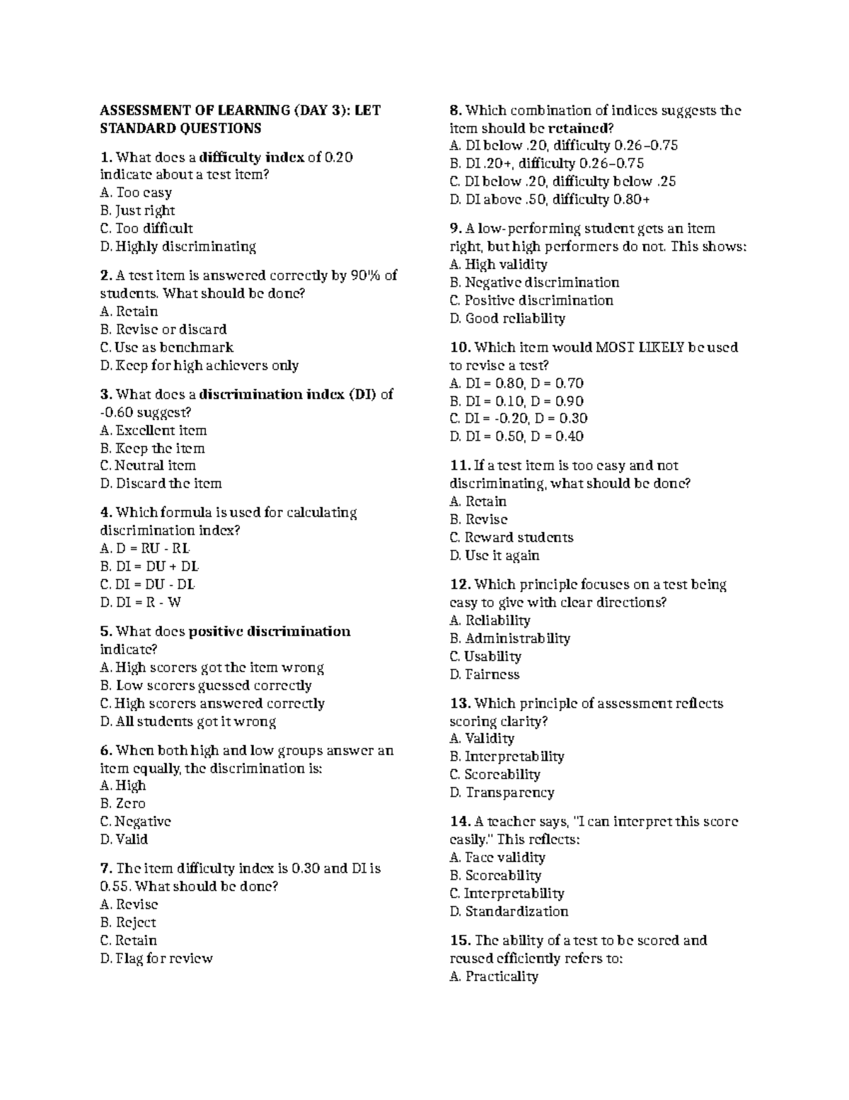 Assessment of Learning (DAY 3): LET Standard Questions and Answers ...