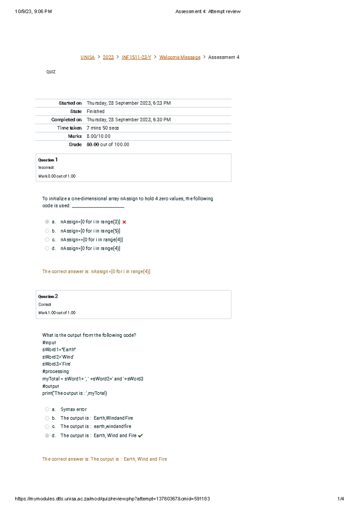 INF1511-23-Y Assessment 4 Attempt Review and Feedback - Studocu