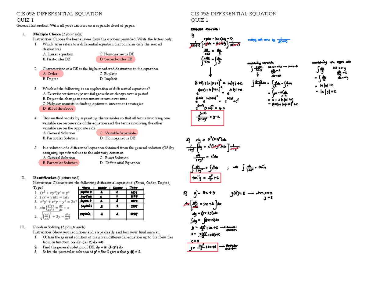 CIE 052: Differential Equation Quiz 1 - Set B Solutions - Studocu