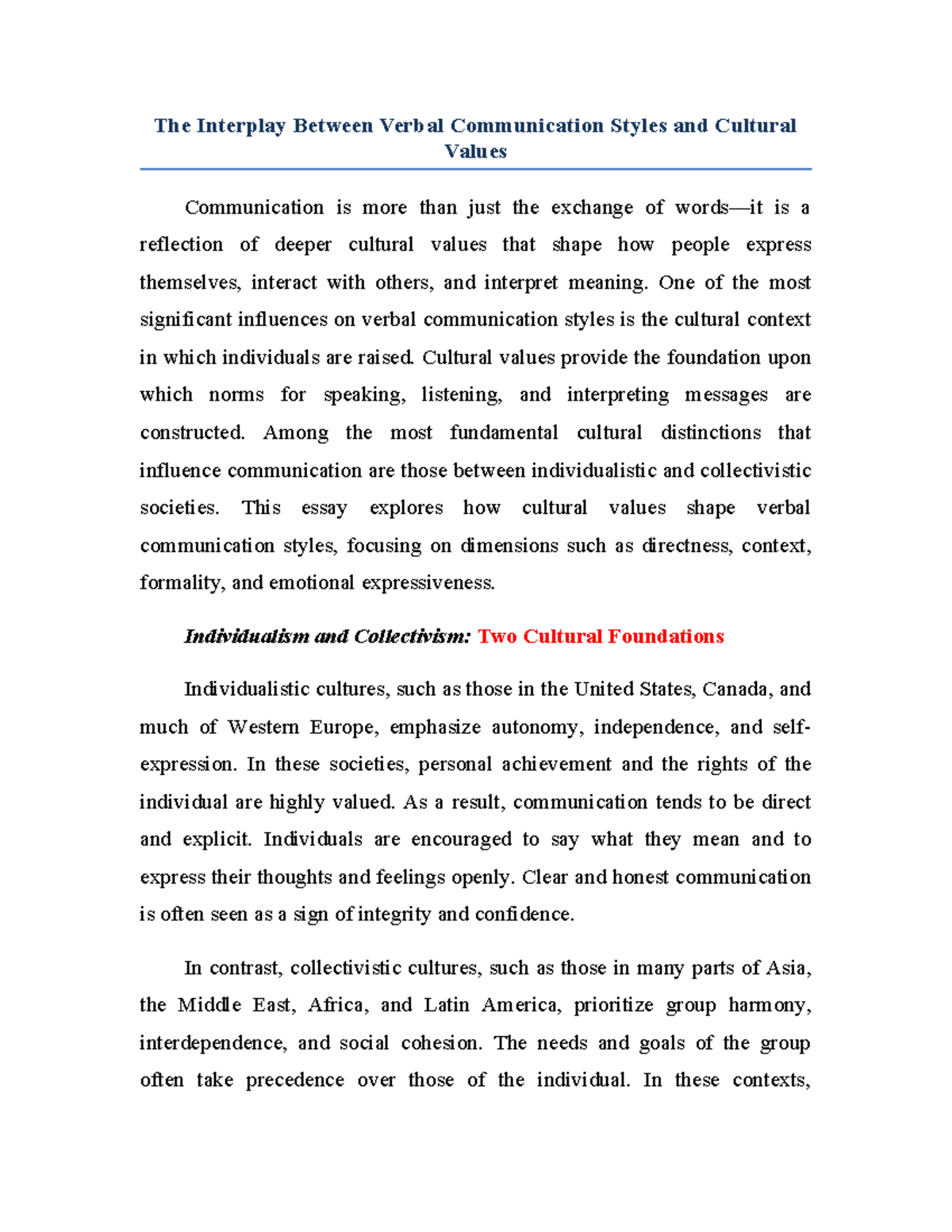 Verbal Communication and Cultural Values Essay - The Interplay Between ...