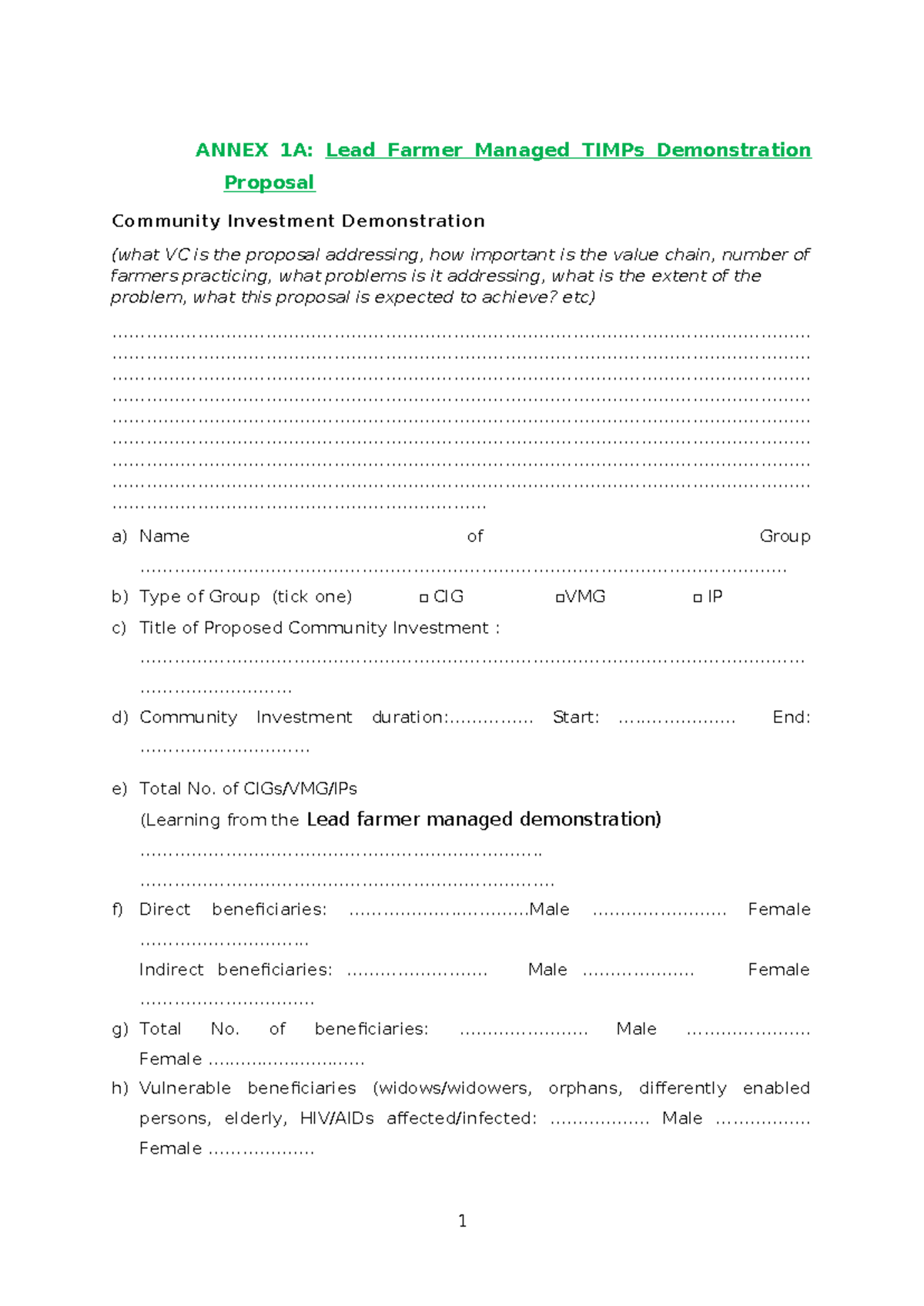 Annex 1A: TIMPs Demo Proposal for Avocado Community Investment - Studocu