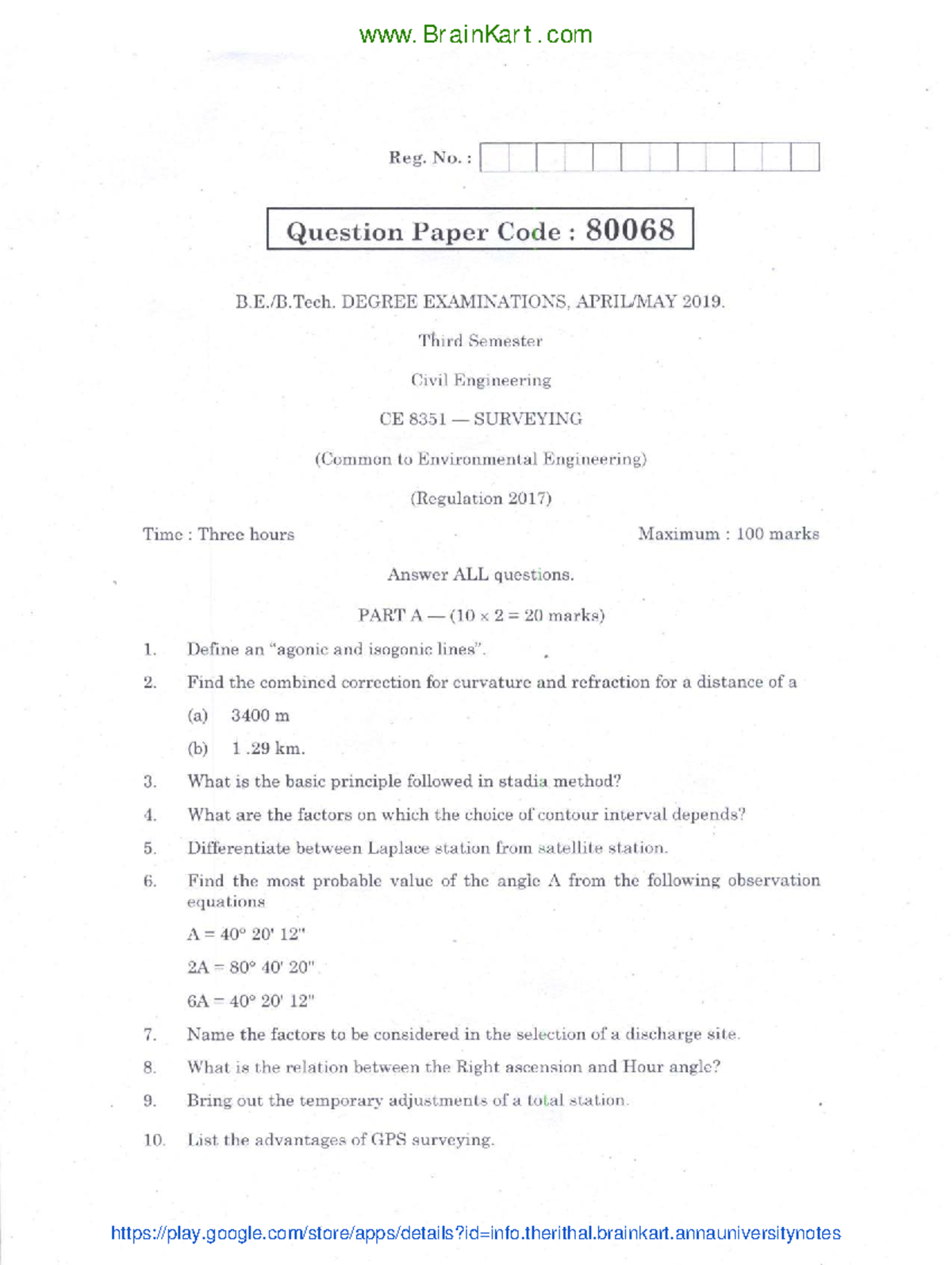 Surveying CE8351 2017 Regulation Question Paper April-May 2019 - Studocu