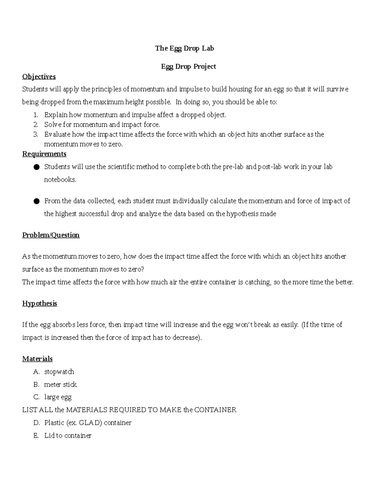 EGG 101: Final Lab Report on Egg Drop Experiment and Analysis - Studocu