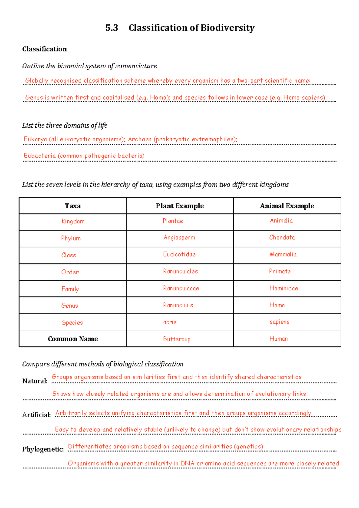 Biodiversity Classification Worksheet Answers (Topic 5.3) - Studocu