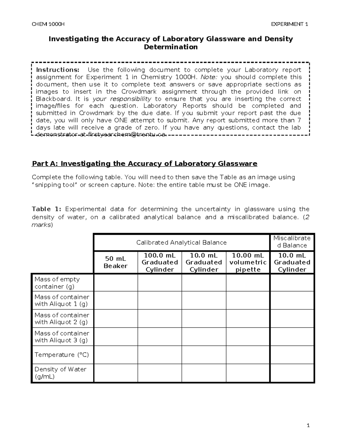CHEM 1000 - Experiment 1: Accuracy of Glassware & Density Report - Studocu