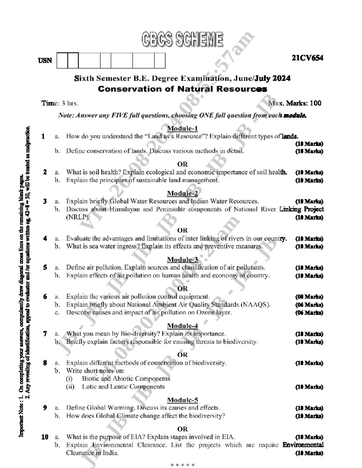 CNR1 - Sixth Sem B.E. Exam 2024: Conservation of Natural Resources ...