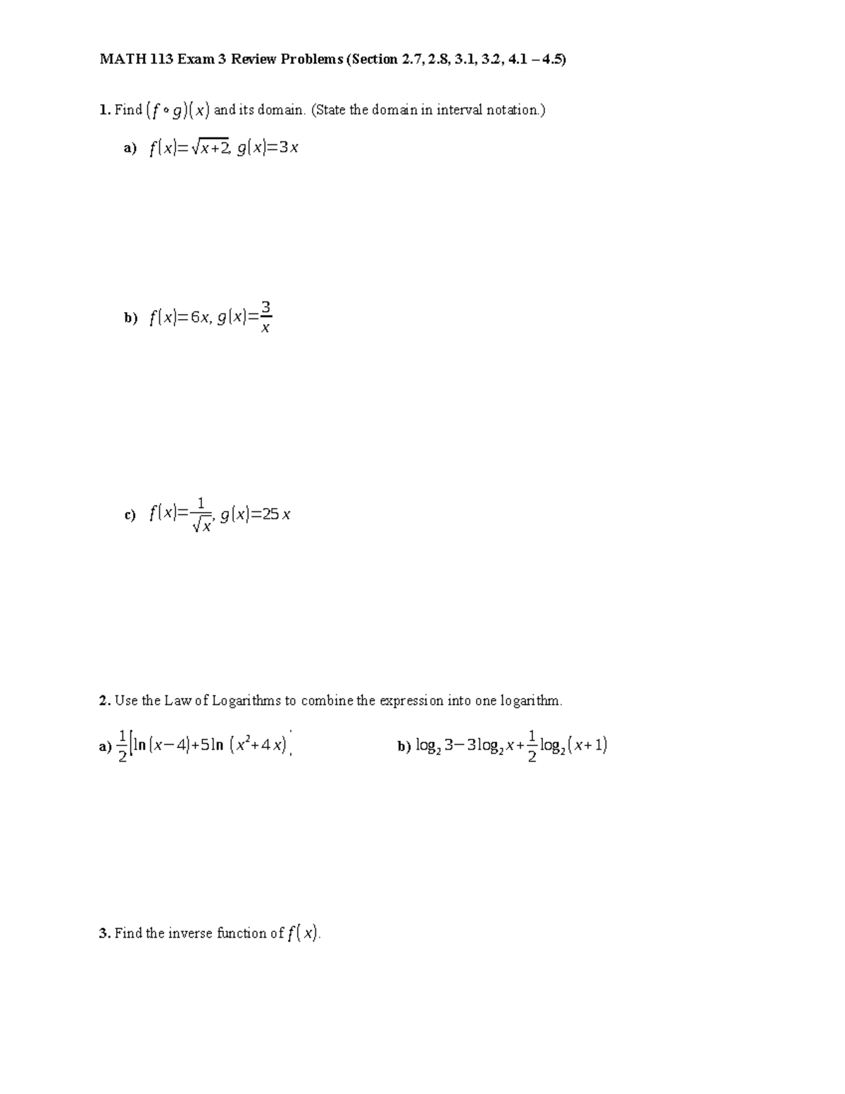 MATH 113 Exam 3 Review: Key Problems from Sections 2.7-4.5 - Studocu