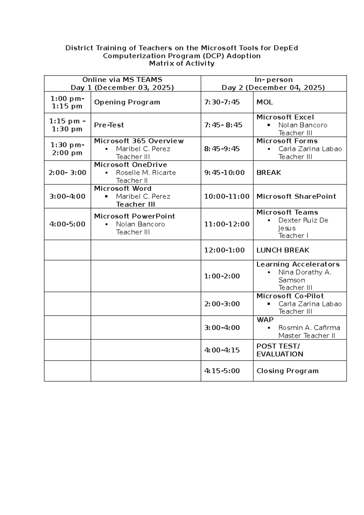 District Matrix on Microsoft Tools for DepEd DCP Training - Studocu
