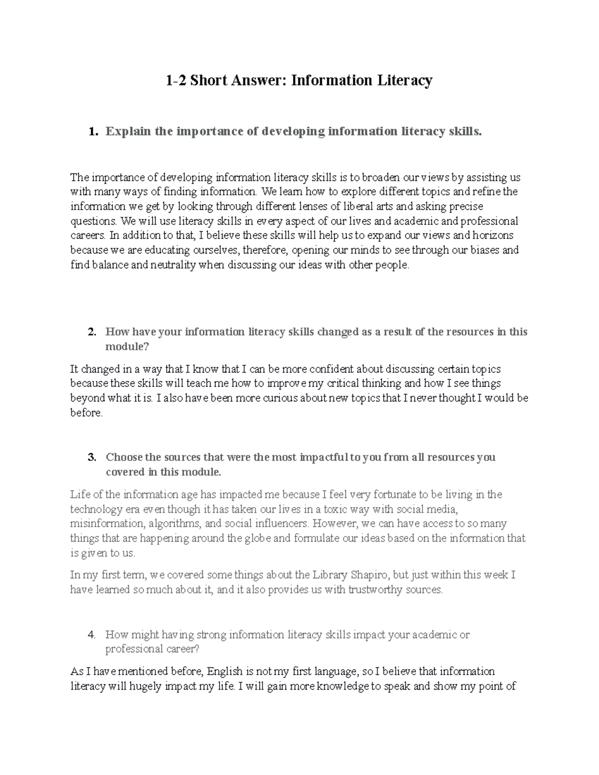 Document 7 - 1-2 Short Answer: Information Literacy - 1-2 Short Answer ...