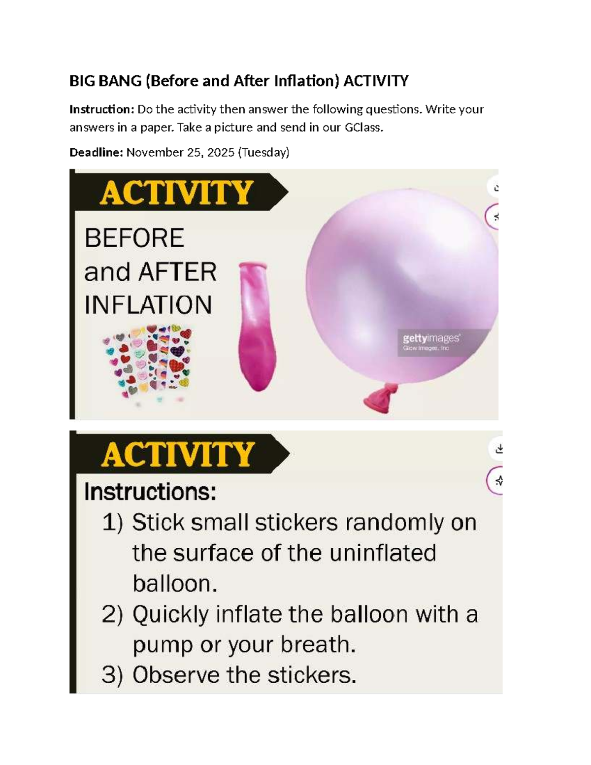 Big bang Activity - Earth Science big bang acitivty - Senior High ...