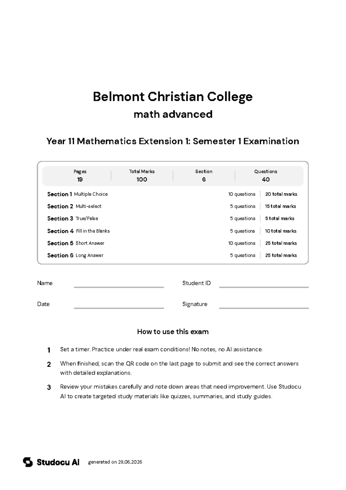 Year 11 Mathematics Extension 1: Semester 1 Exam - Studocu