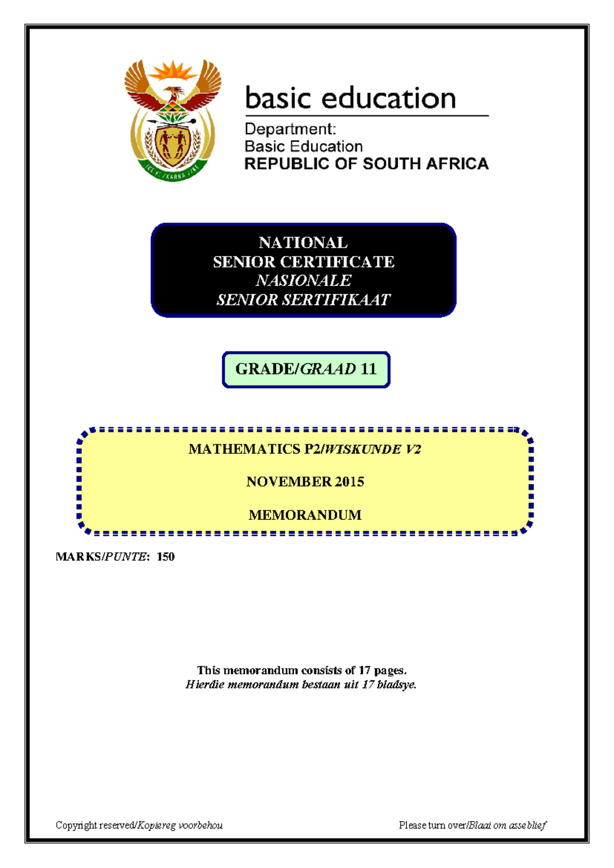 Mathematics P2 Grade 11 November 2015 Memorandum (Eng/Afr) - Studocu