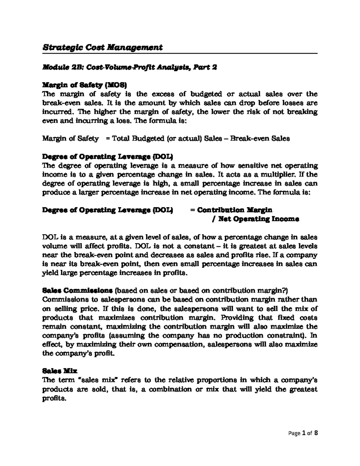 Cost-Volume-Profit Analysis Lecture 02 - Strategic Cost Management ...