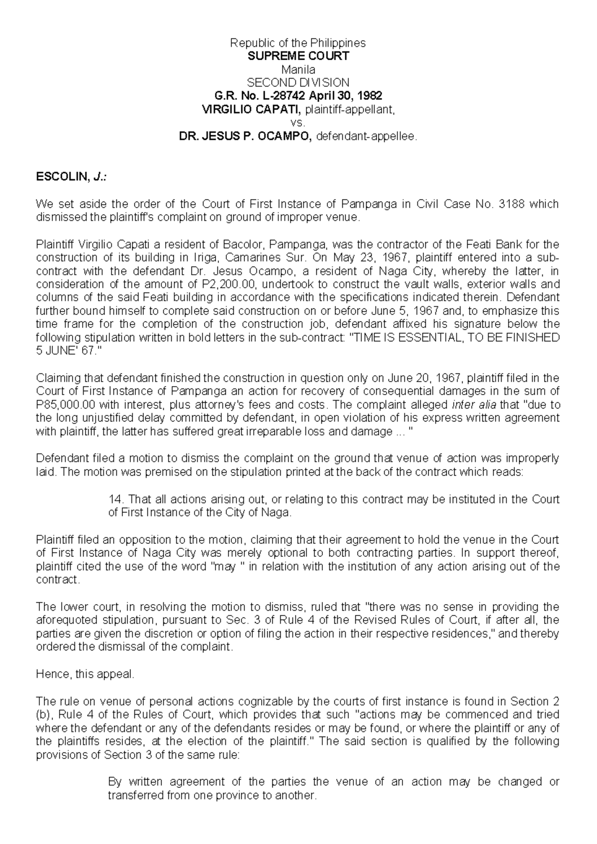 Capati vs. Ocampo Case Digest (G. No. L-28742, April 30, 1982) - Studocu