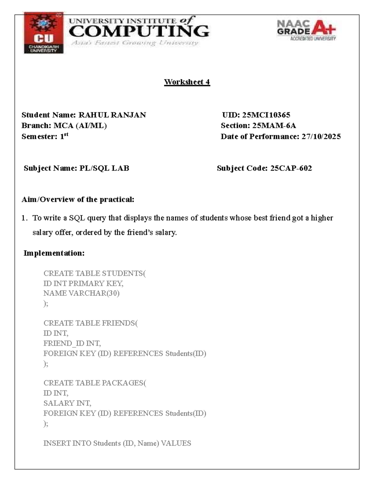 PL/SQL Worksheet 4: SQL Query for Student Salary Comparison - Studocu