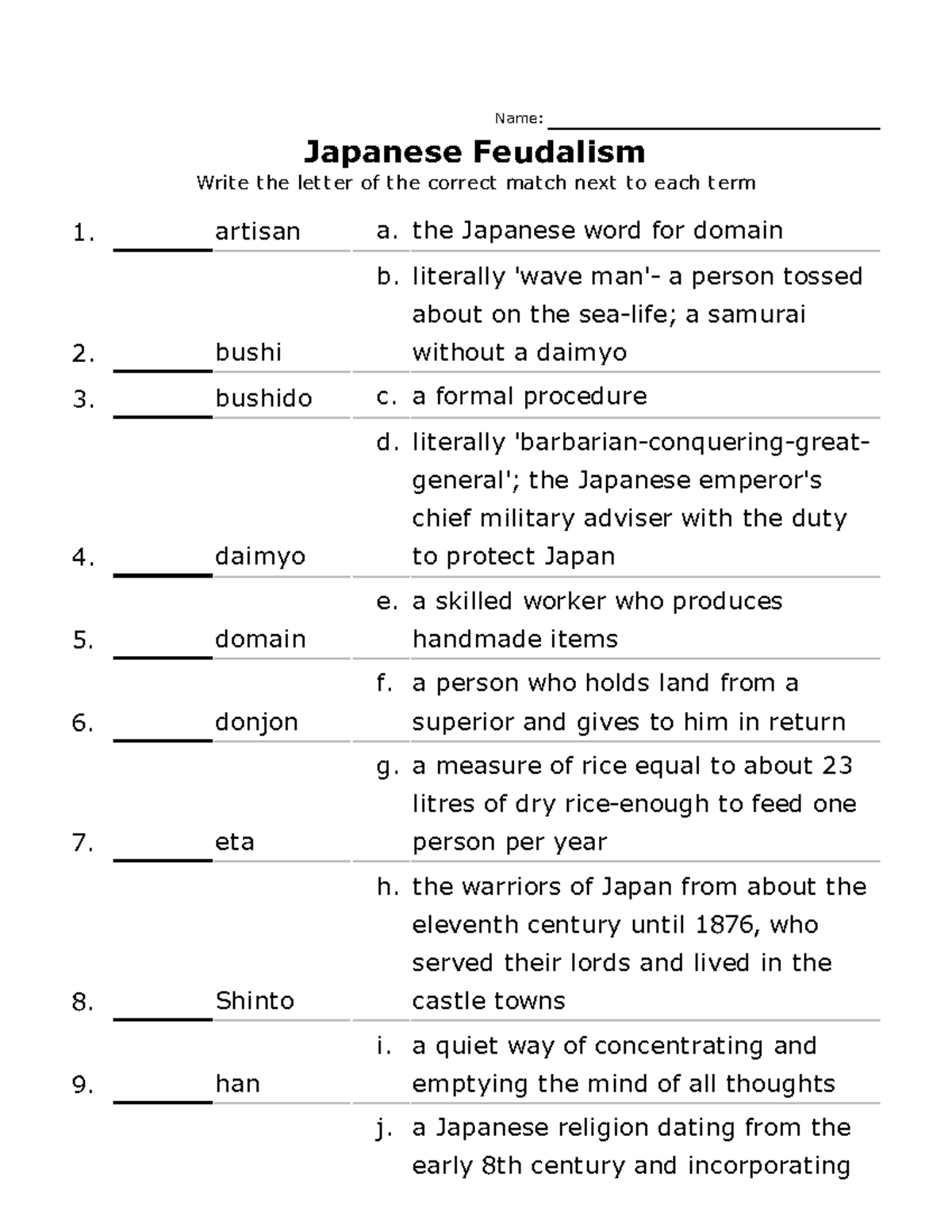 Lesson 7 Worksheet: Matching Terms in Japanese Feudalism - Studocu