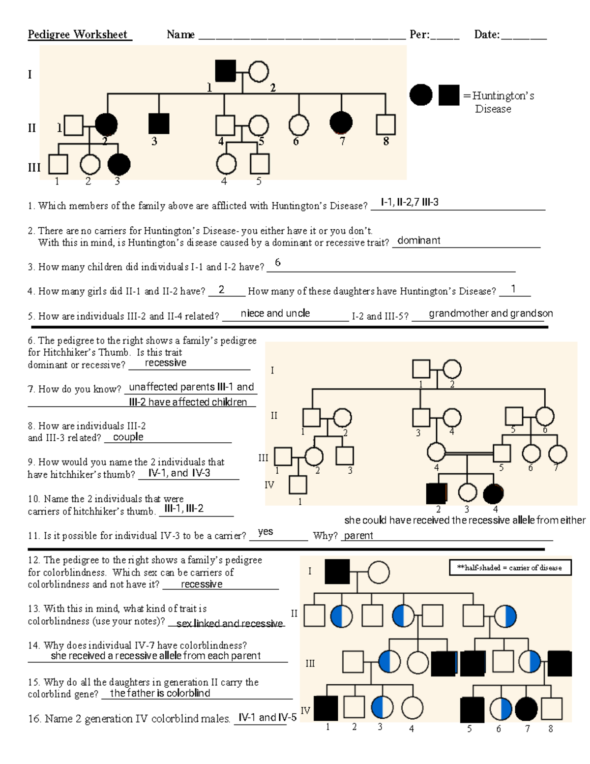 Genetics Pedigree Worksheet: Analyzing Inheritance Patterns - Studocu
