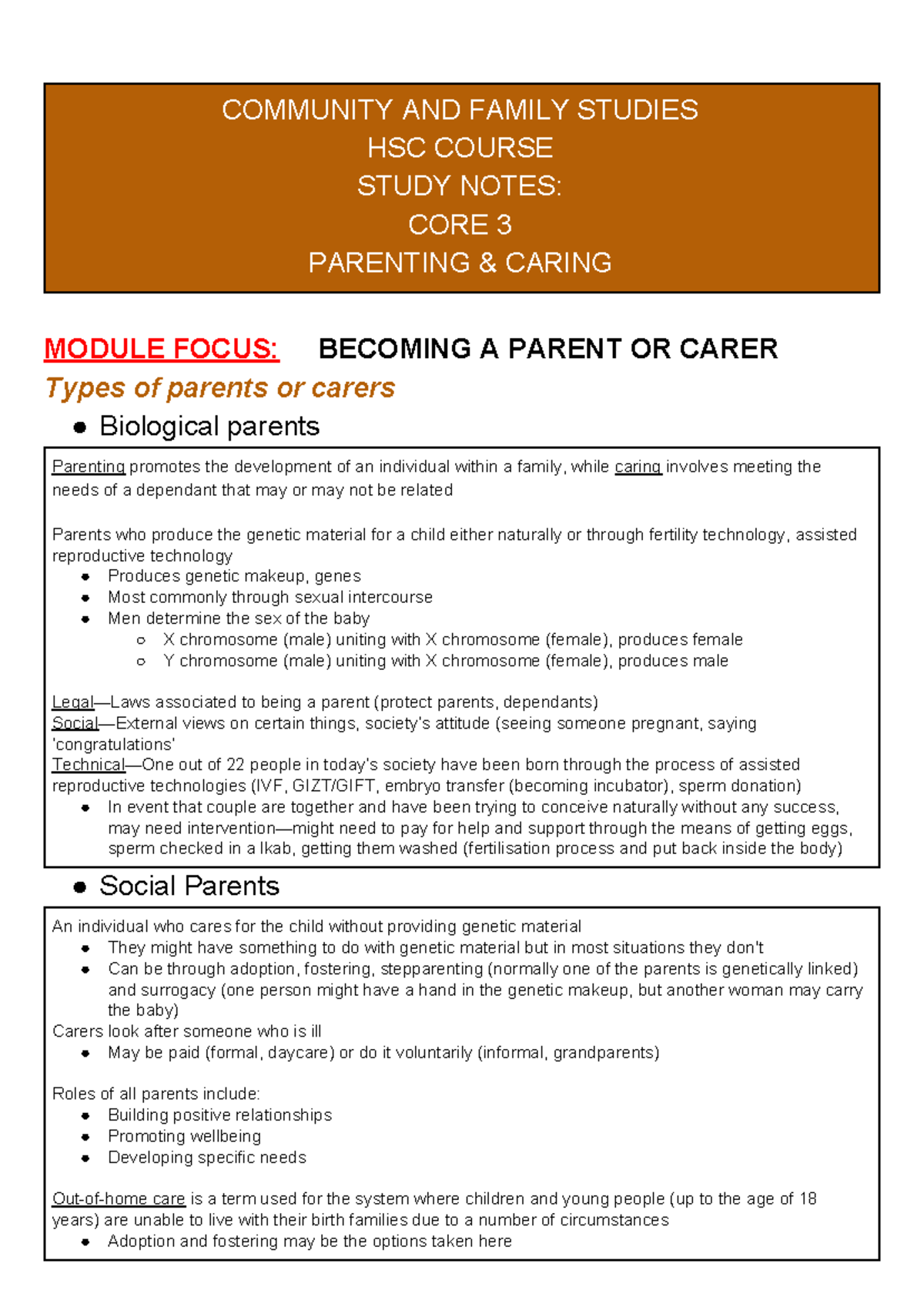 CAFS - HSC Core Three Notes on Parenting and Caring Essentials - Studocu
