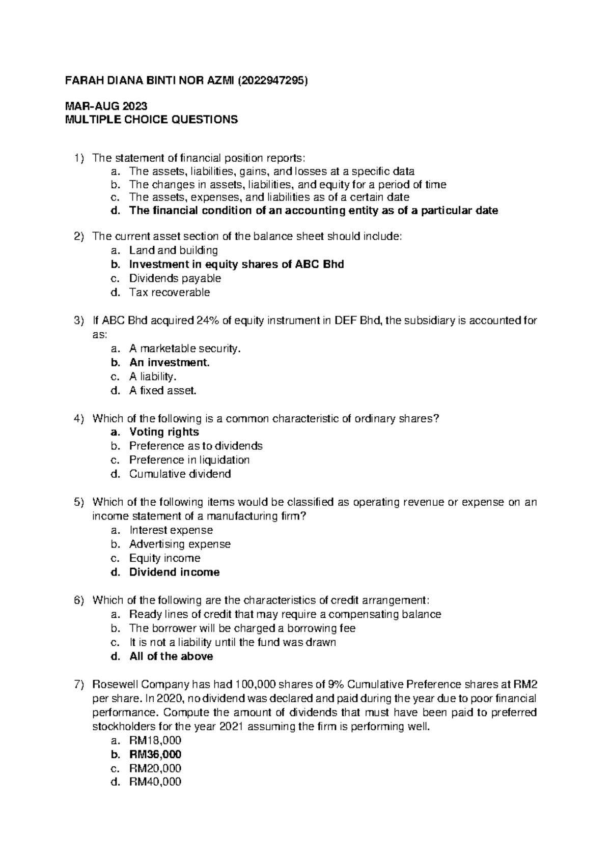 W3 Tutorial FAR670 QUIZ Questions - FARAH DIANA BINTI NOR AZMI (2022947295) MAR-AUG 2023 ...