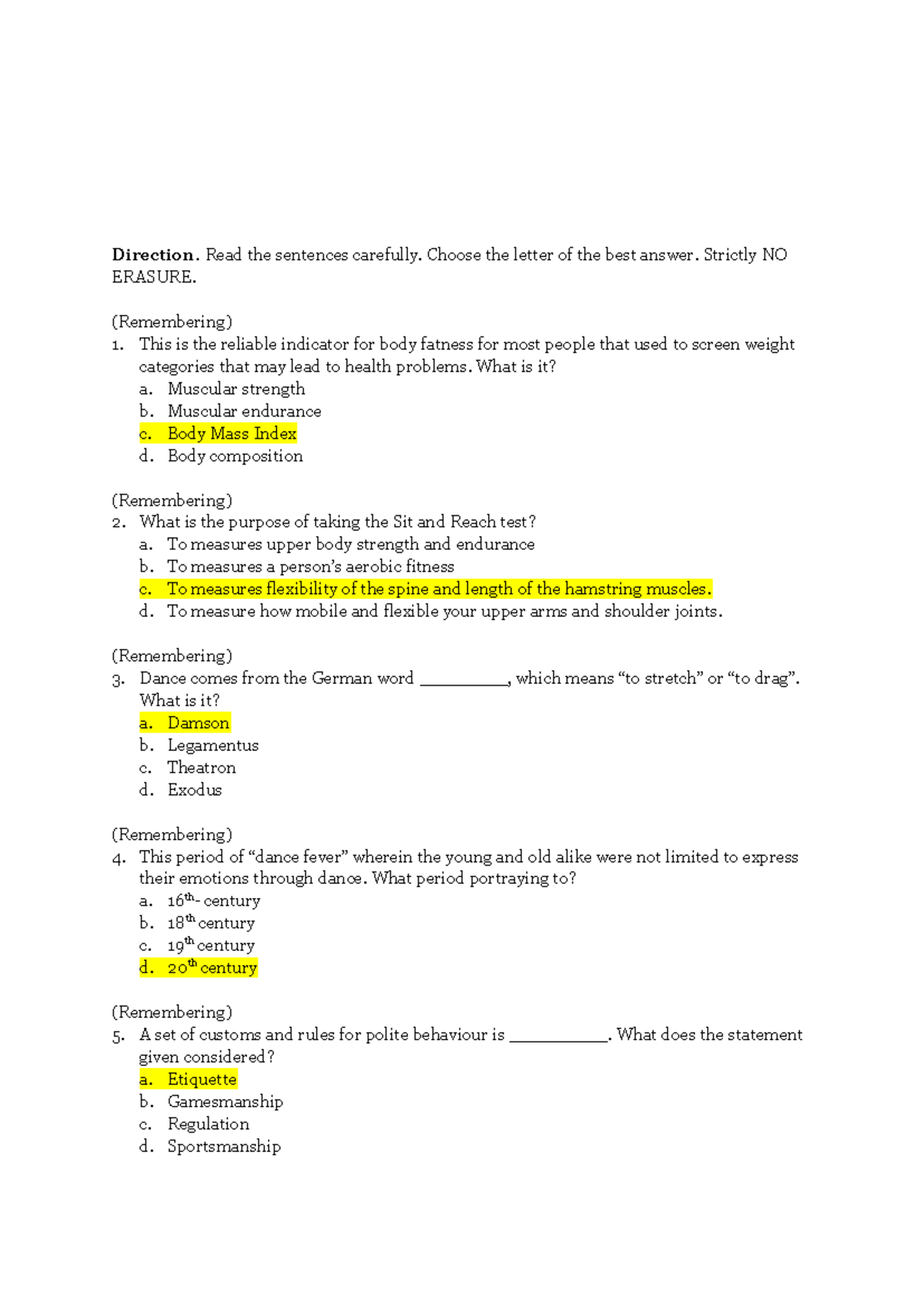 PE PRE TEST - PHYSICAL EDUCATION AND HEALTH Quiz Questions - Studocu