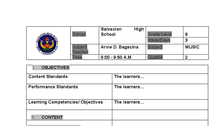 MUSIC 9 Modular Lesson Plan for Grade 9 - Quarter 2 - Studocu