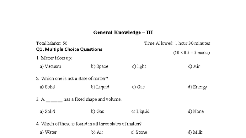 Class 3 GK Quiz - General Knowledge Exam for Grade 3 - Studocu