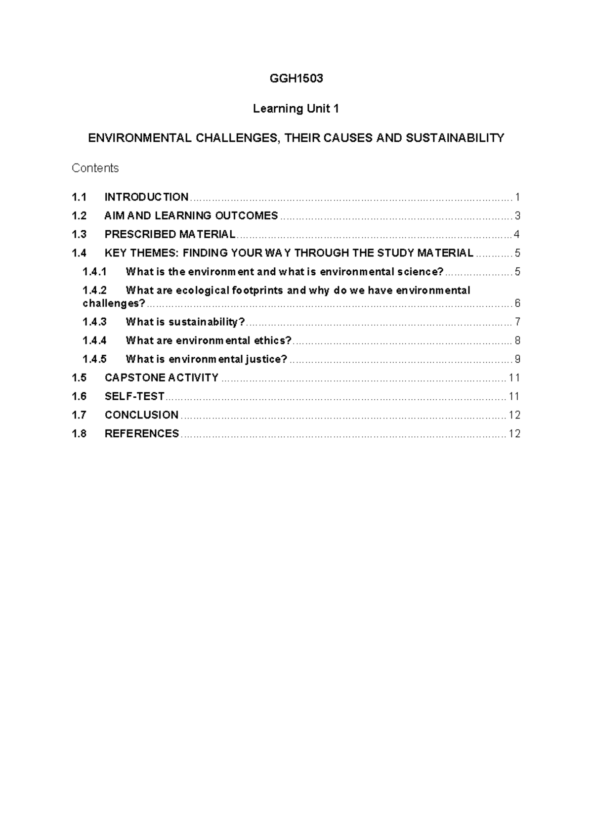 GGH1503 Learning Unit 1: Environmental Challenges and Sustainability ...