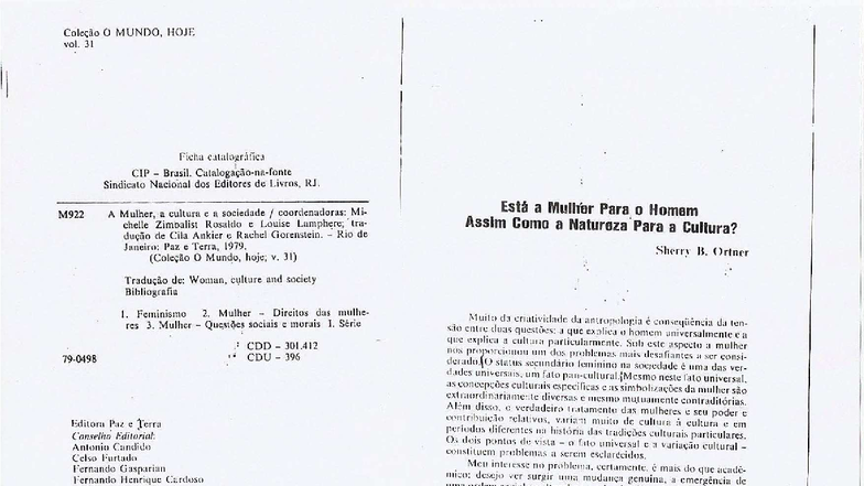 Ortner, Sherry 1974: A Mulher e sua Relação com a Cultura e a Natureza ...
