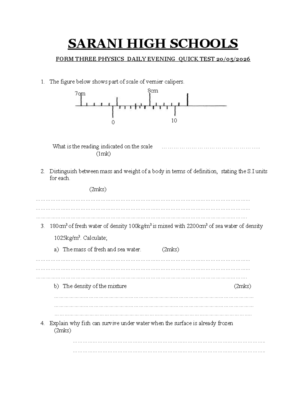 F3 Physics Daily Evening Quick Test 1: Vernier Calipers & Density - Studocu