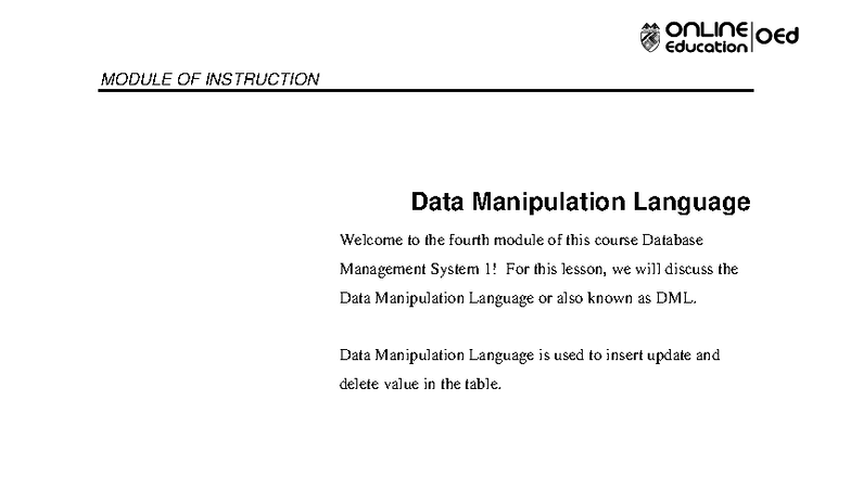 DBMS 1: Data Manipulation Language Module Overview - Studocu