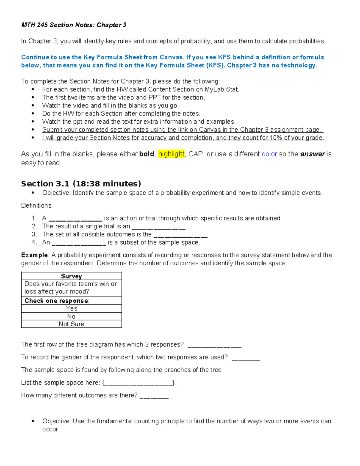 MTH 245 Chapter 3 Section Notes: Probability Concepts & Rules Fall 2023 ...