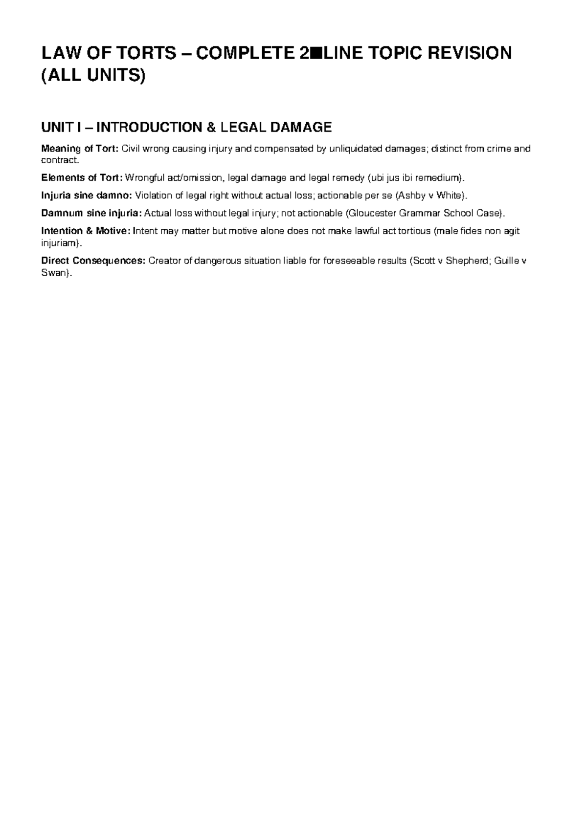 LAW OF TORTS 2 COMPLETE TOPIC REVISION (ALL UNITS) - Studocu