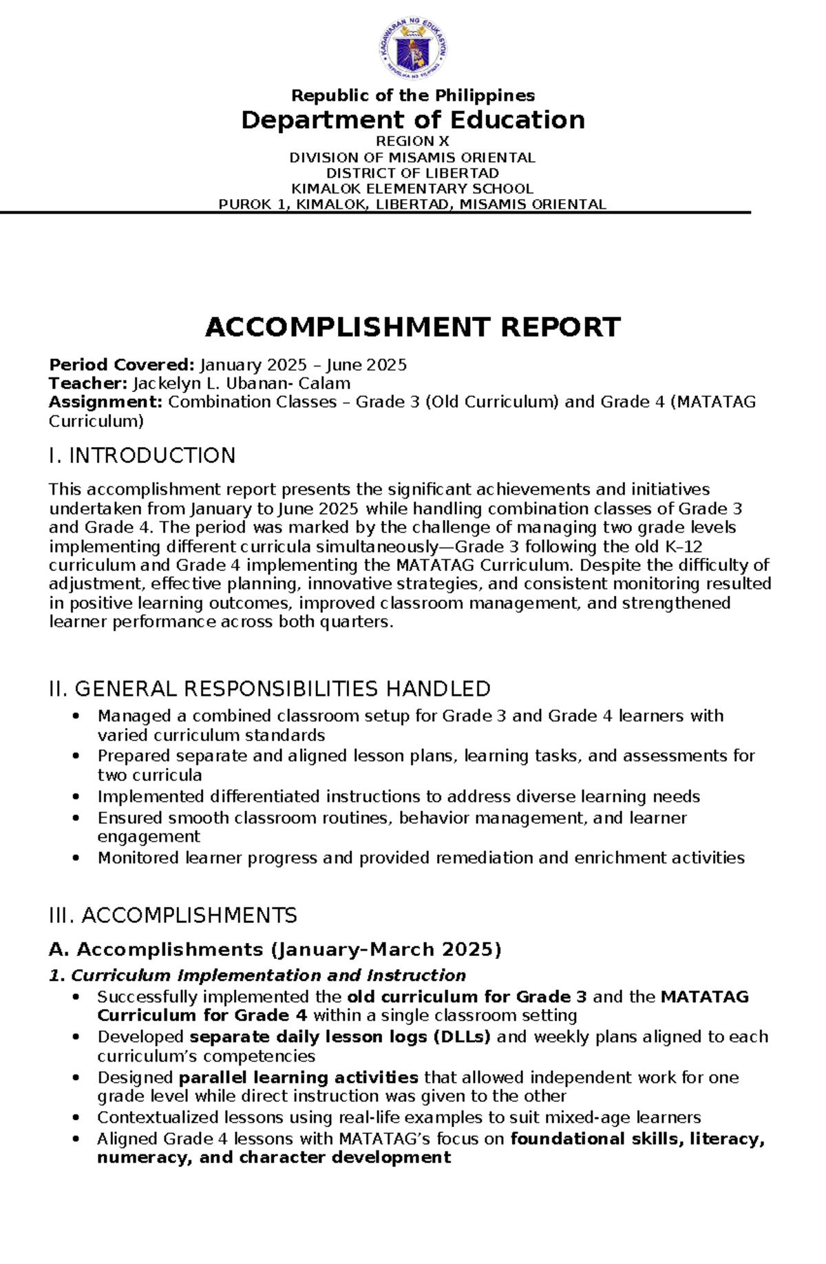 Accomplishment Report for Combination Classes (Grade 3 & 4) SY 2025 ...