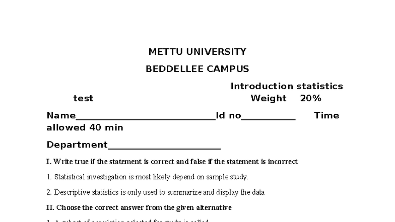 METTU UNIVERSITY BEDDELLEE CAMPUS Introduction to Statistics Test - Studocu
