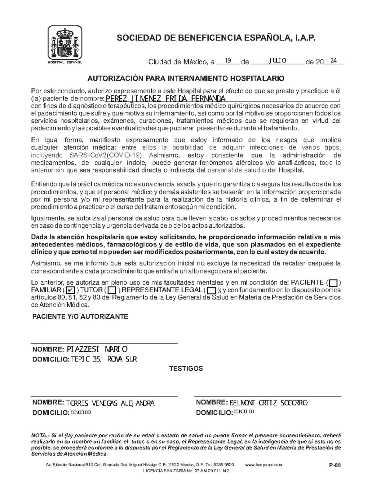 Autorización para Internamiento Hospitalario - Prueba P-80 - Studocu