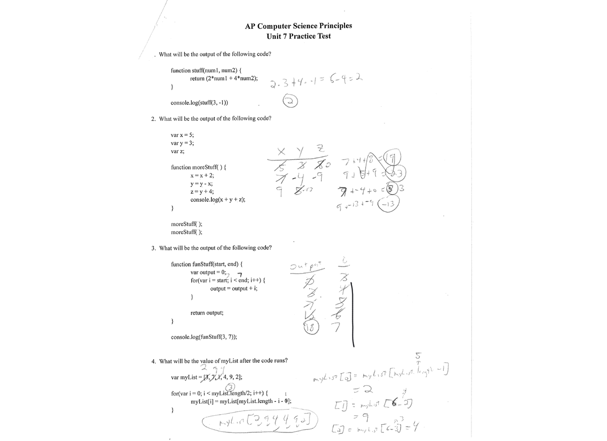AP CSP Unit 7 Practice Test: Code Output Analysis - Studocu