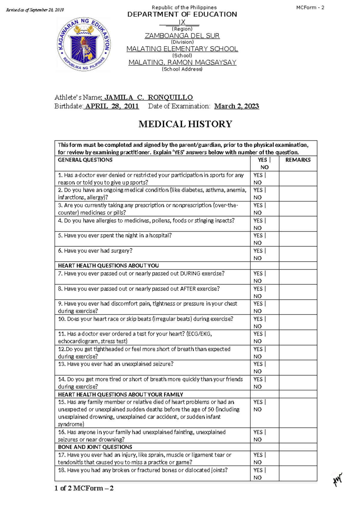 Medical History Form for Athletes (MCForm - 2) - Studocu