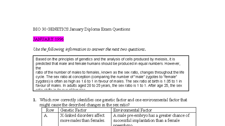 BIO 30 GENETICS January Diploma Exam Review Questions 1996 - Studocu