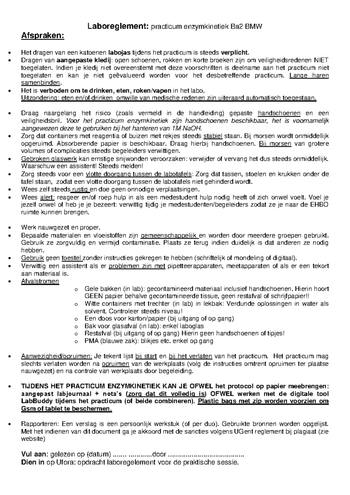Laboregels Practicum Enzymkinetiek Ba2 BMW: Veiligheidsvoorschriften ...