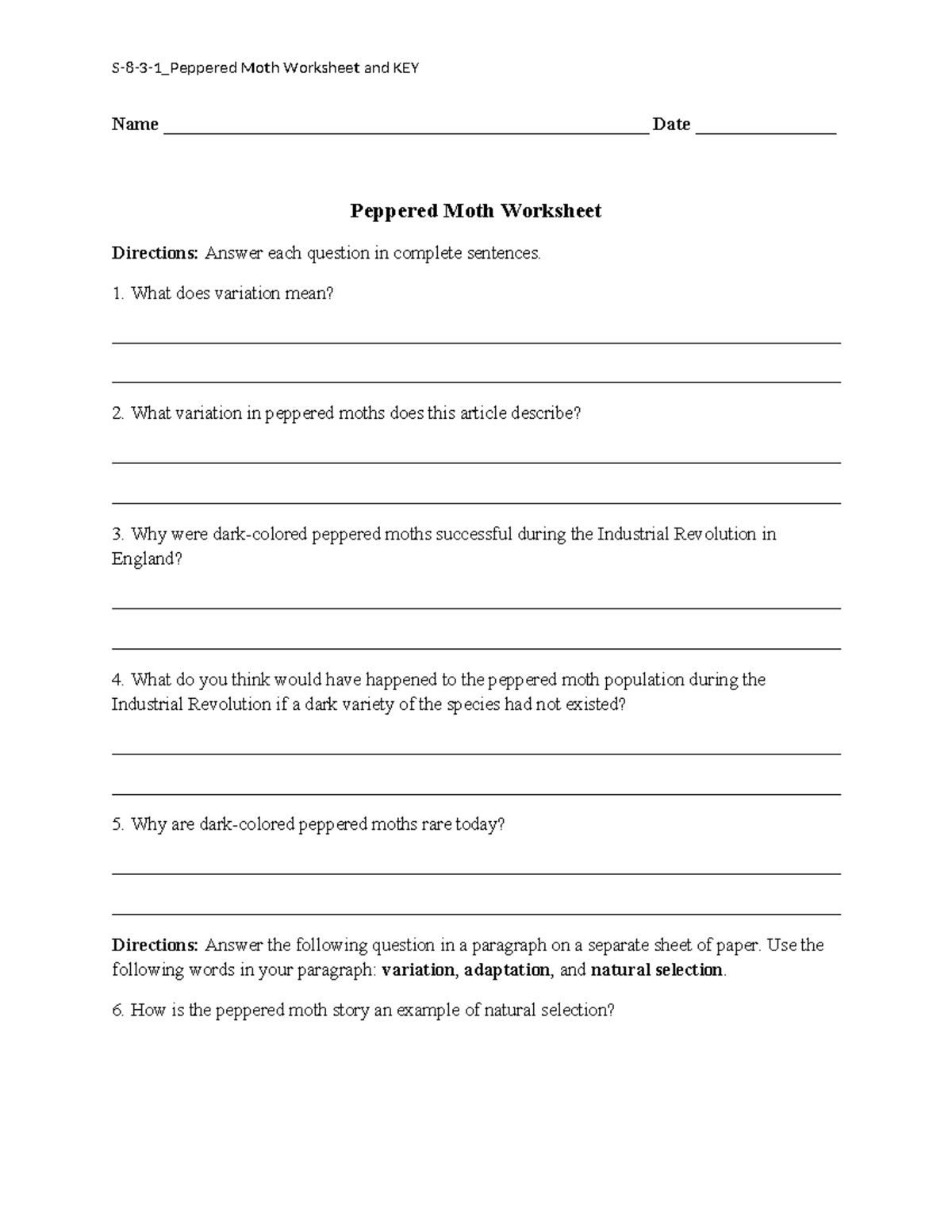 S-8-3-1 Peppered Moth Worksheet with Answer Key: Natural Selection ...