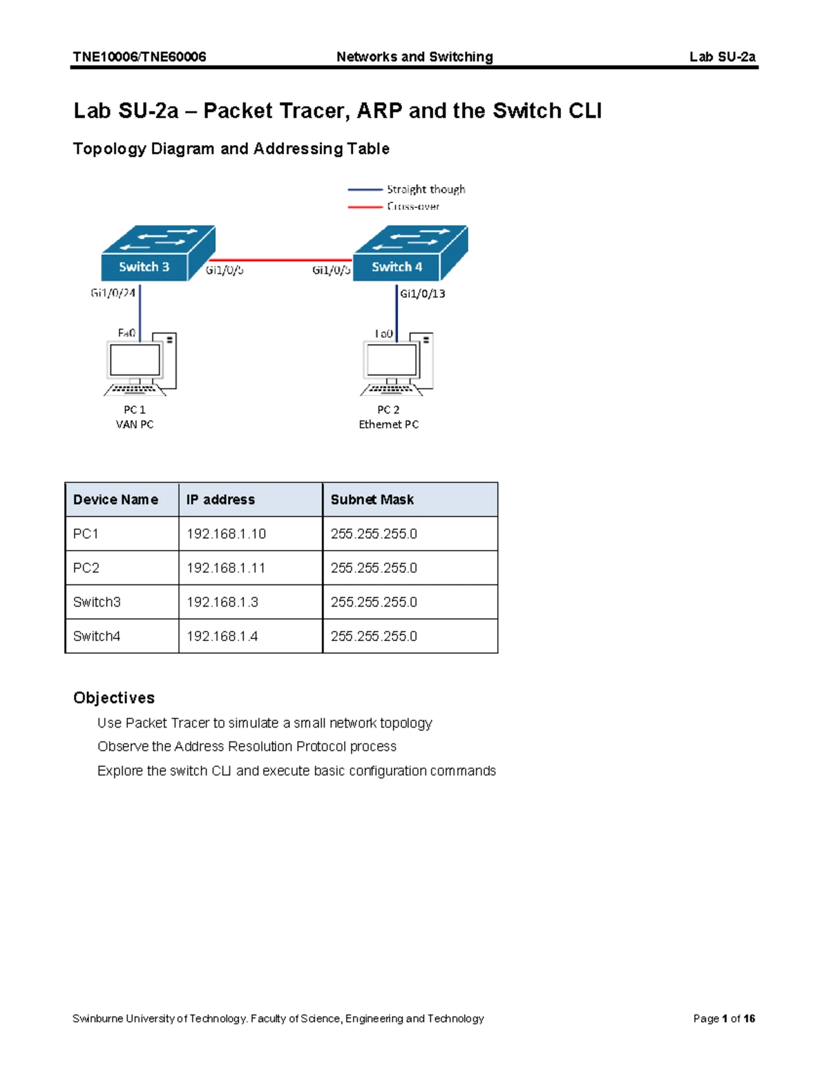 Lab SU-1a - Week 1 - Lab SU-1a – Smart Rack Access and Wiring Scheme TNE10006/TNE60006 Lab - Studocu