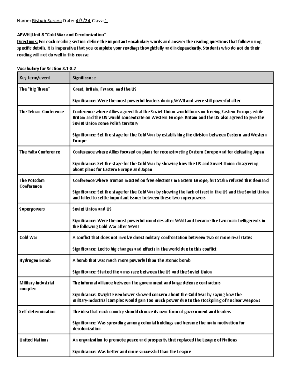 APWH Unit 8 Reading Guide: Cold War and Decolonization Insights - Studocu