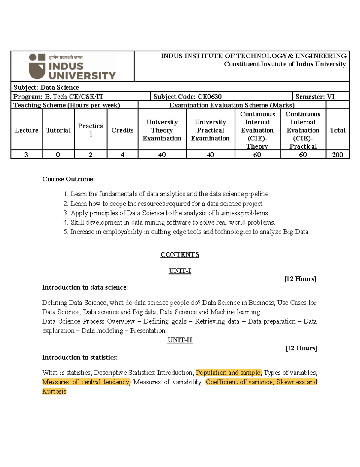 CE0630 Data Science Syllabus - INDUS INSTITUTE OF TECHNOLOGY ...