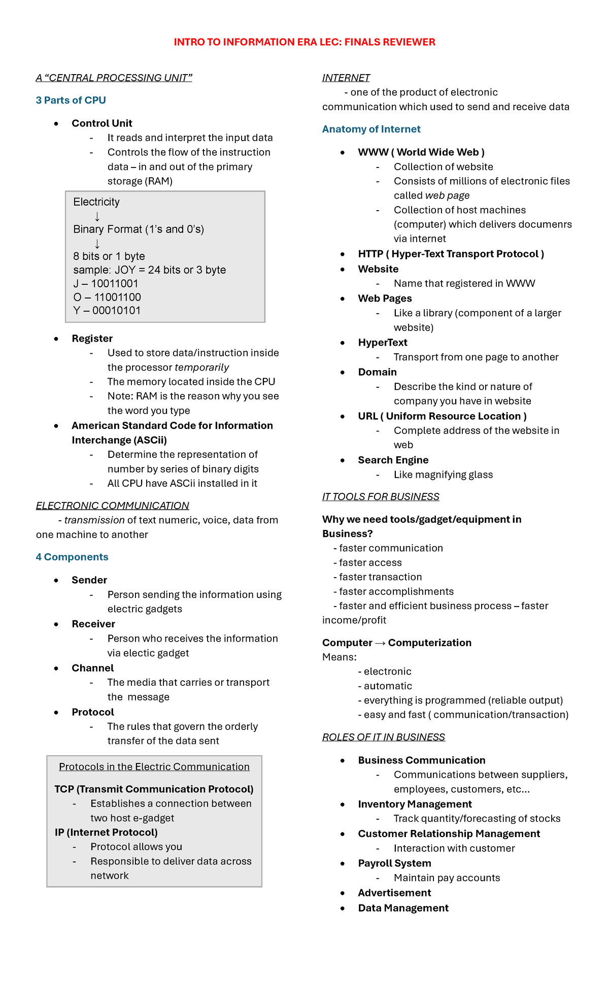IT101: Introduction to Information Era Finals Reviewer on CPU ...