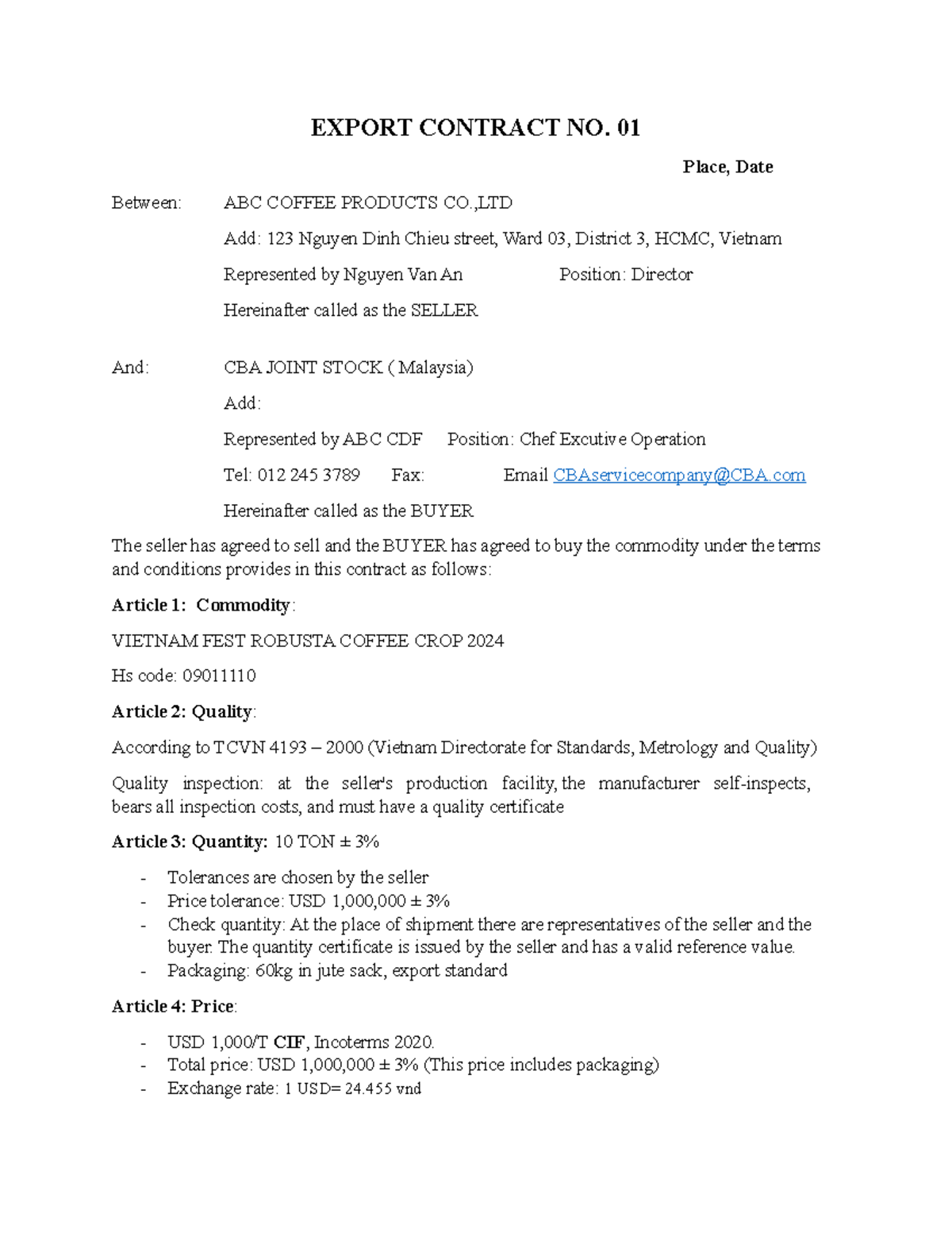 HỢP ĐỒNG XUẤT KHẨU ( BÀI TẬP ) - EXPORT CONTRACT NO. 01 Place, Date ...