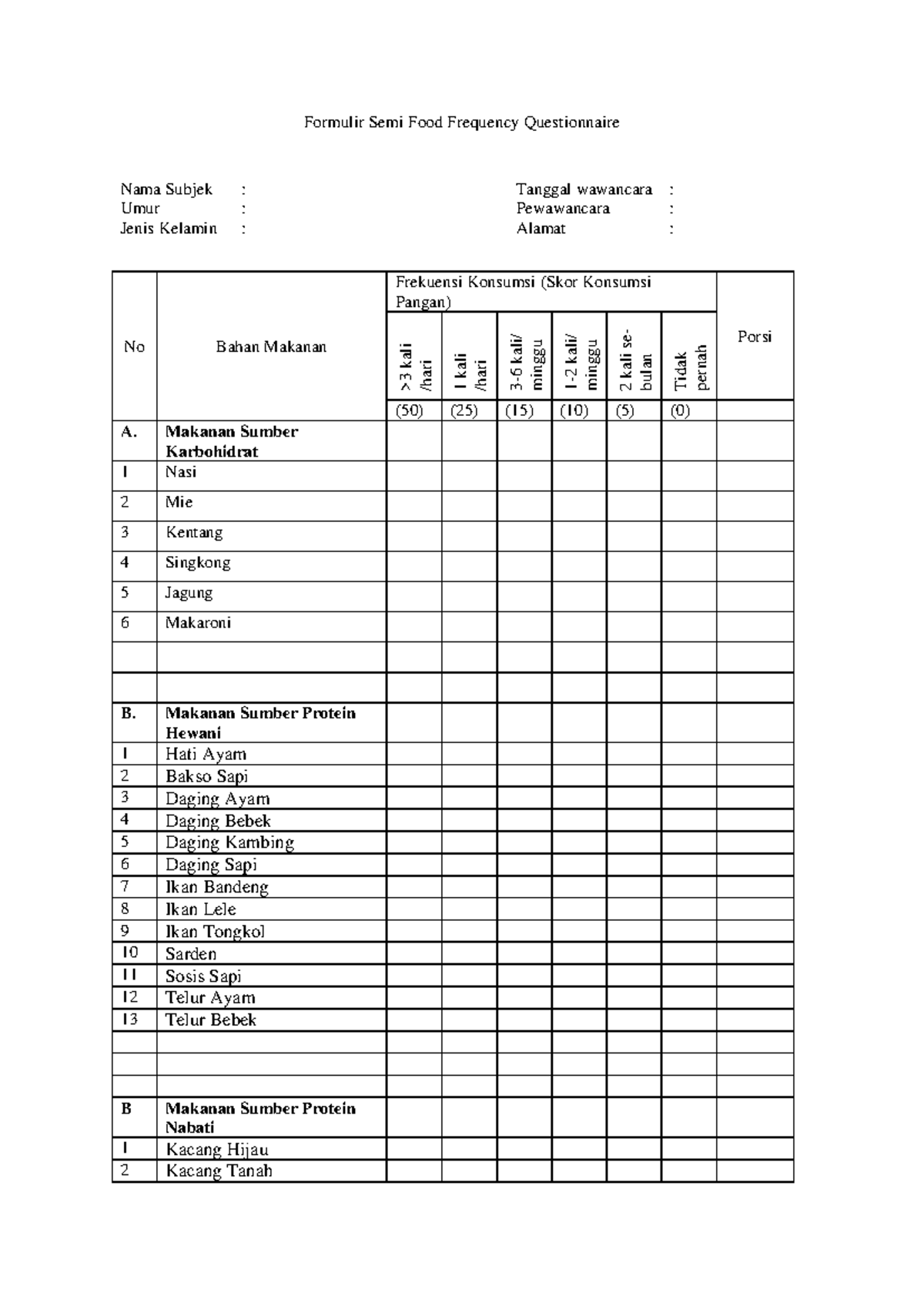 Formulir SQFFQ: Semi Food Frequency Questionnaire Document - Studocu